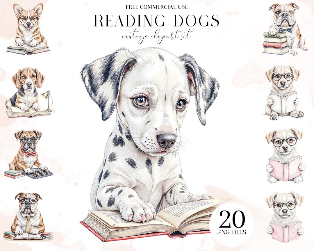 Reading Dogs Clipart, 20 PNG Cute Puppy Illustrations, Book Lover ...