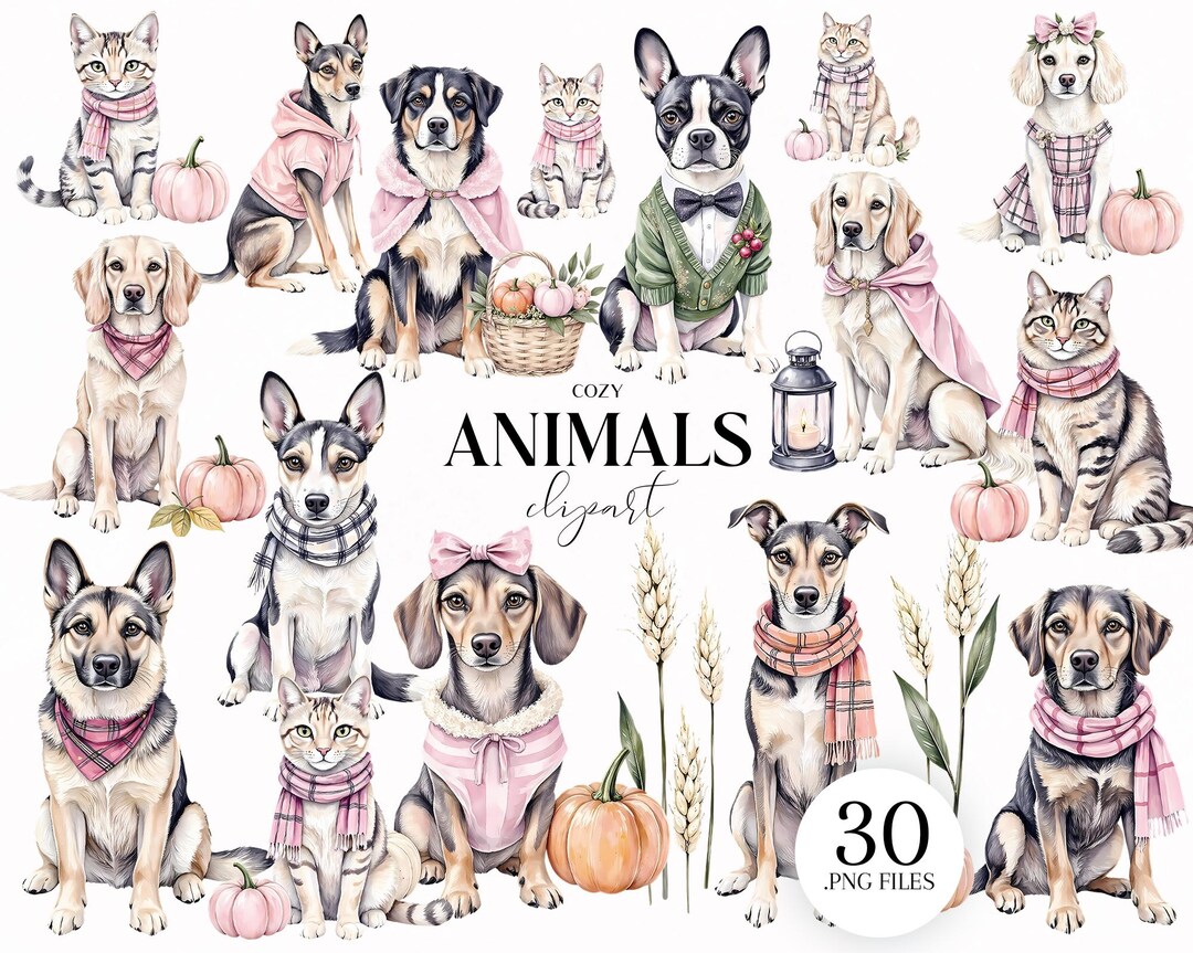 Cozy Animals Clipart, Autumn Pets PNG, Fall Dog Cat Illustrations ...