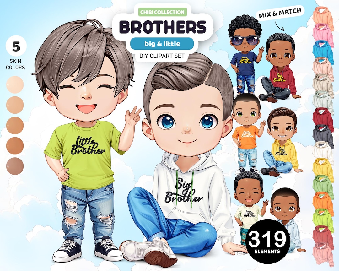 Chibi Brothers Clipart, Big Bro Little Bro Clipart, Brother Gift Idea ...
