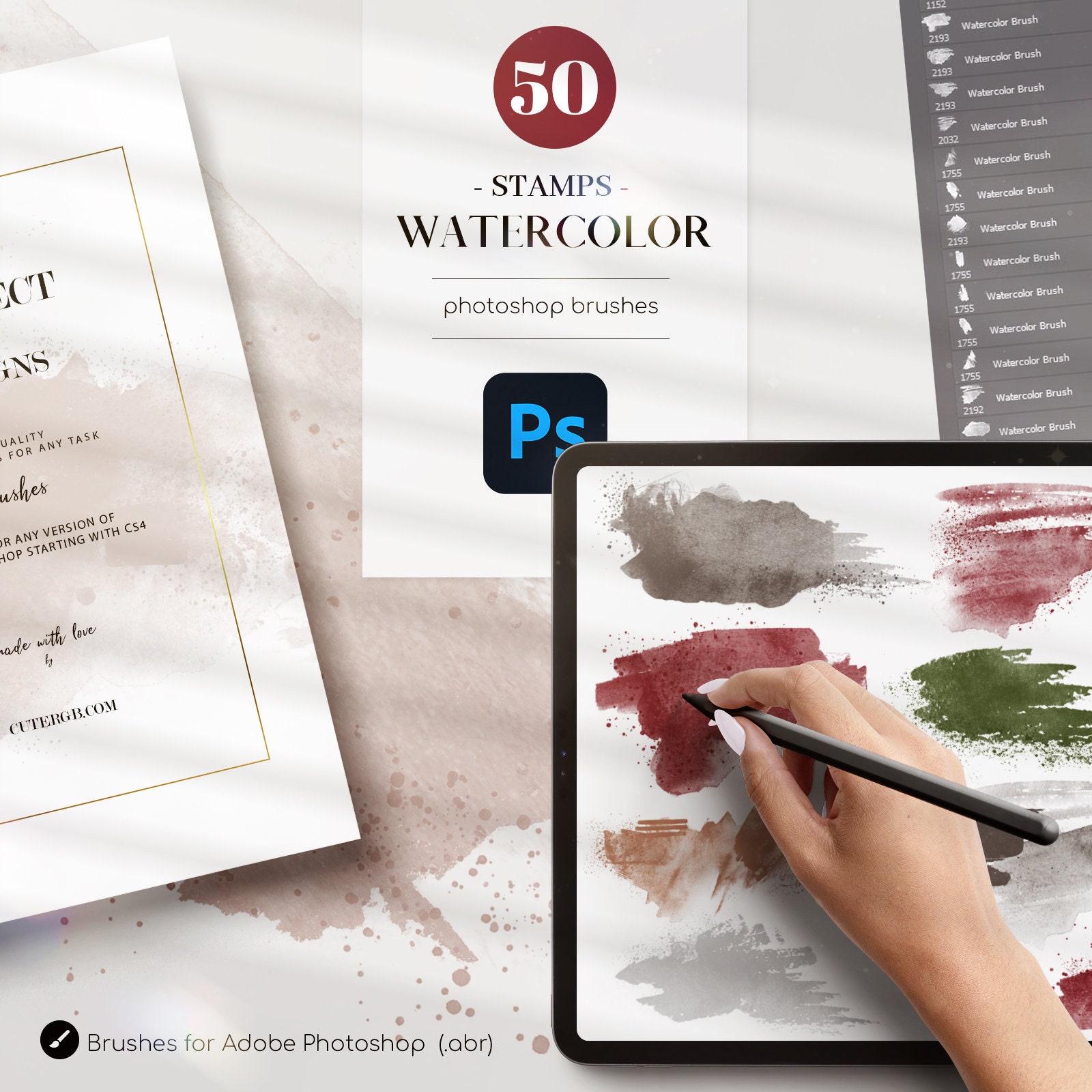 50 Watercolor Stamps Brushes, Realistic Watercolor Spots .ABR, Ink ...