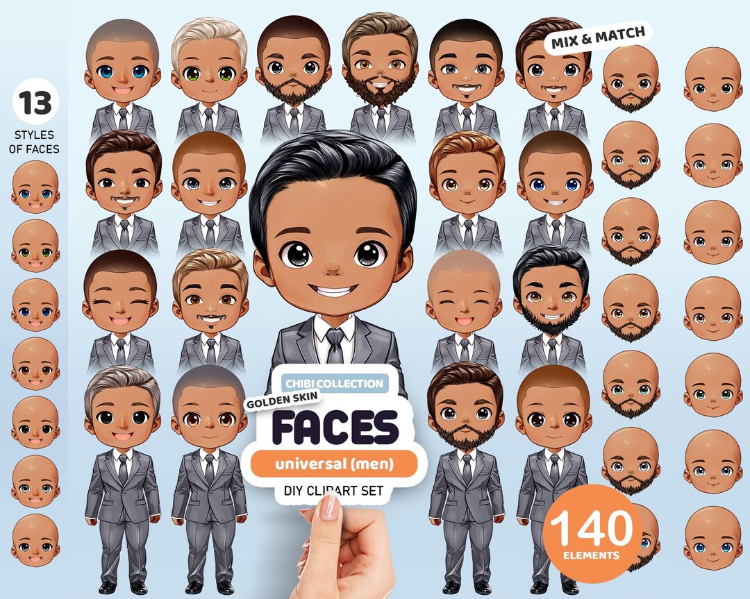 Golden Male Faces Clipart, Chibi Heads PNG, Custom Men Creator, Anime ...