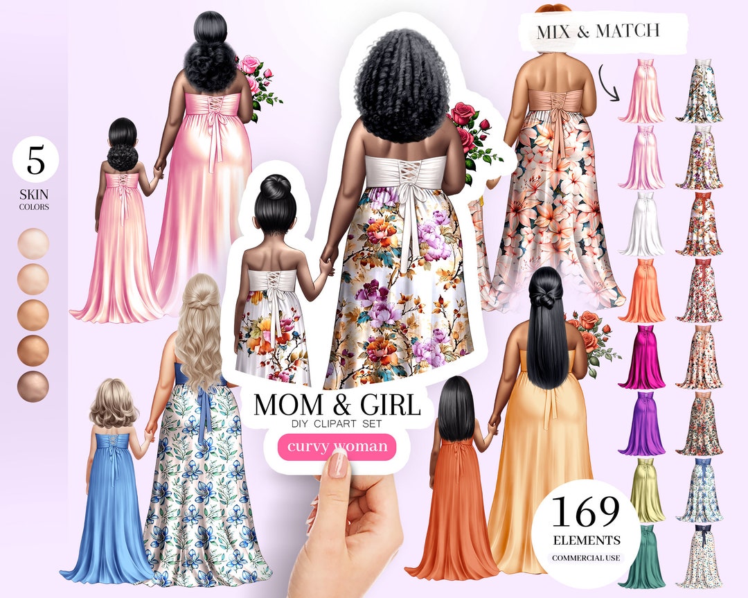 Mom and Girl Clipart Set: Curvy Woman Design, 169 Elements (digital ...