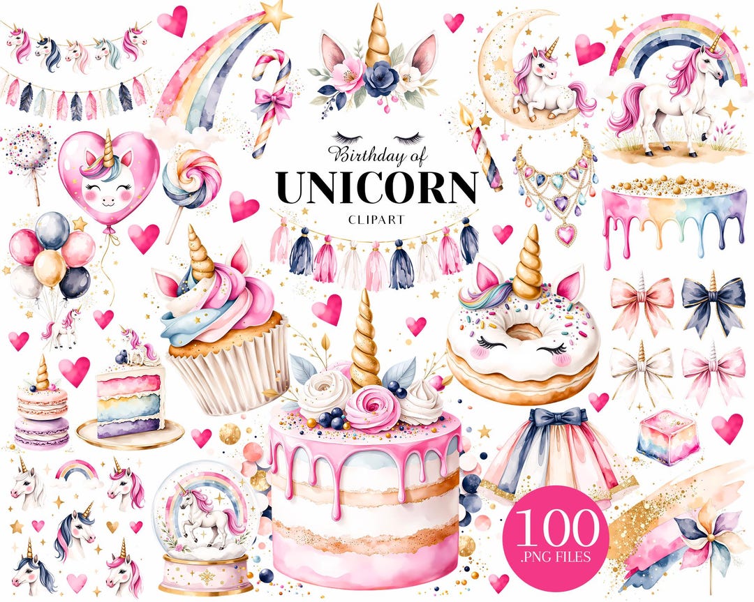 Unicorn Birthday Clipart, Rainbow Party PNG, Cute Unicorn Cake - Etsy
