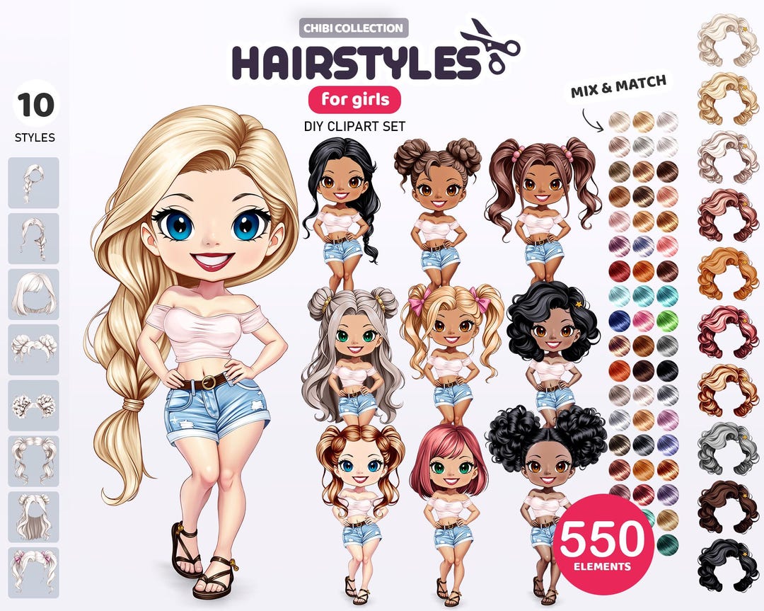 Chibi Hairstyles Clipart: Playful Hair PNG Set (digital Download) - Etsy