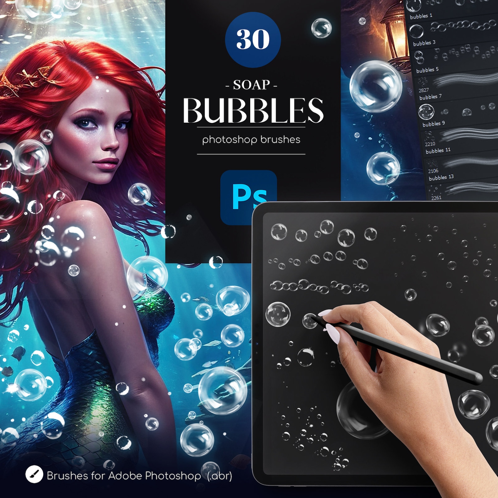 30 Soap Bubbles Photoshop Brushes .ABR, Realistic Brushes Addon, Water Effect Brushes for ...
