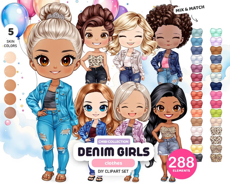 Denim Girls Clipart: Chibi Doll Portrait Creator (digital Download) - Etsy