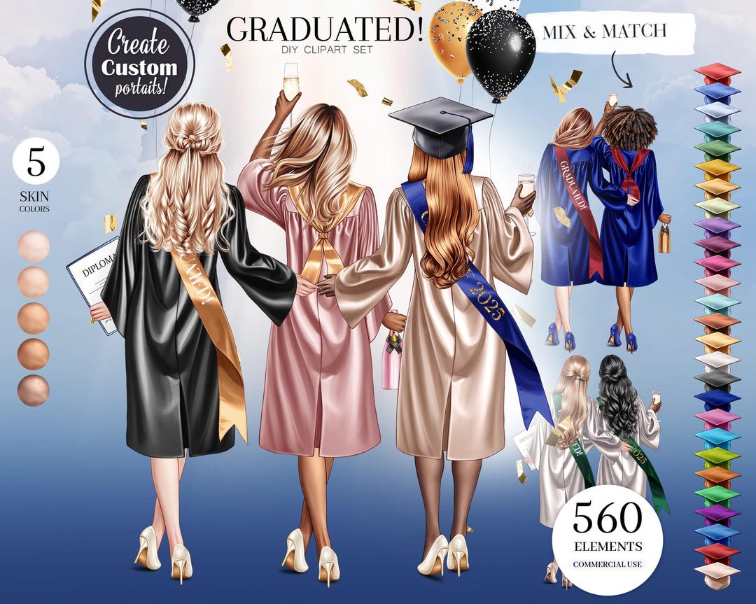 Graduation Girls Clipart, Students Clip Art, Schoolgirls, Caps and ...