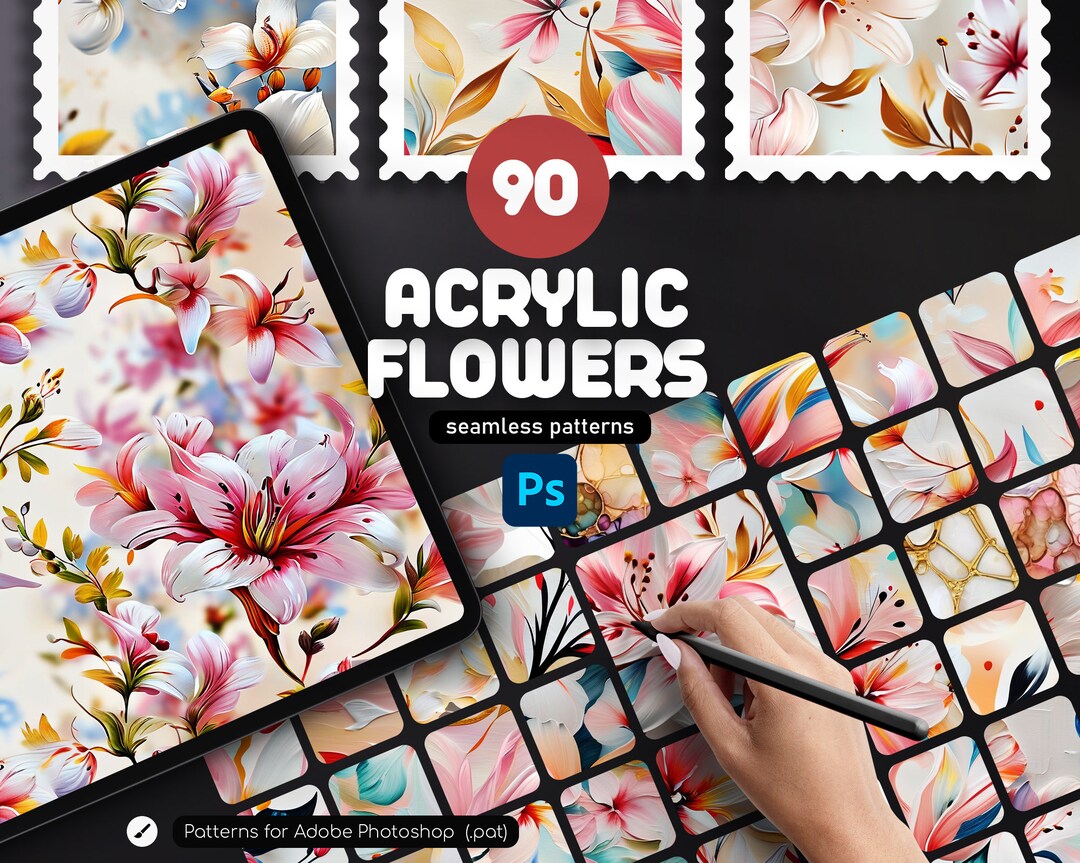 90 Acrylic Flowers Photoshop Patterns .PAT, Vintage Patterns for ...