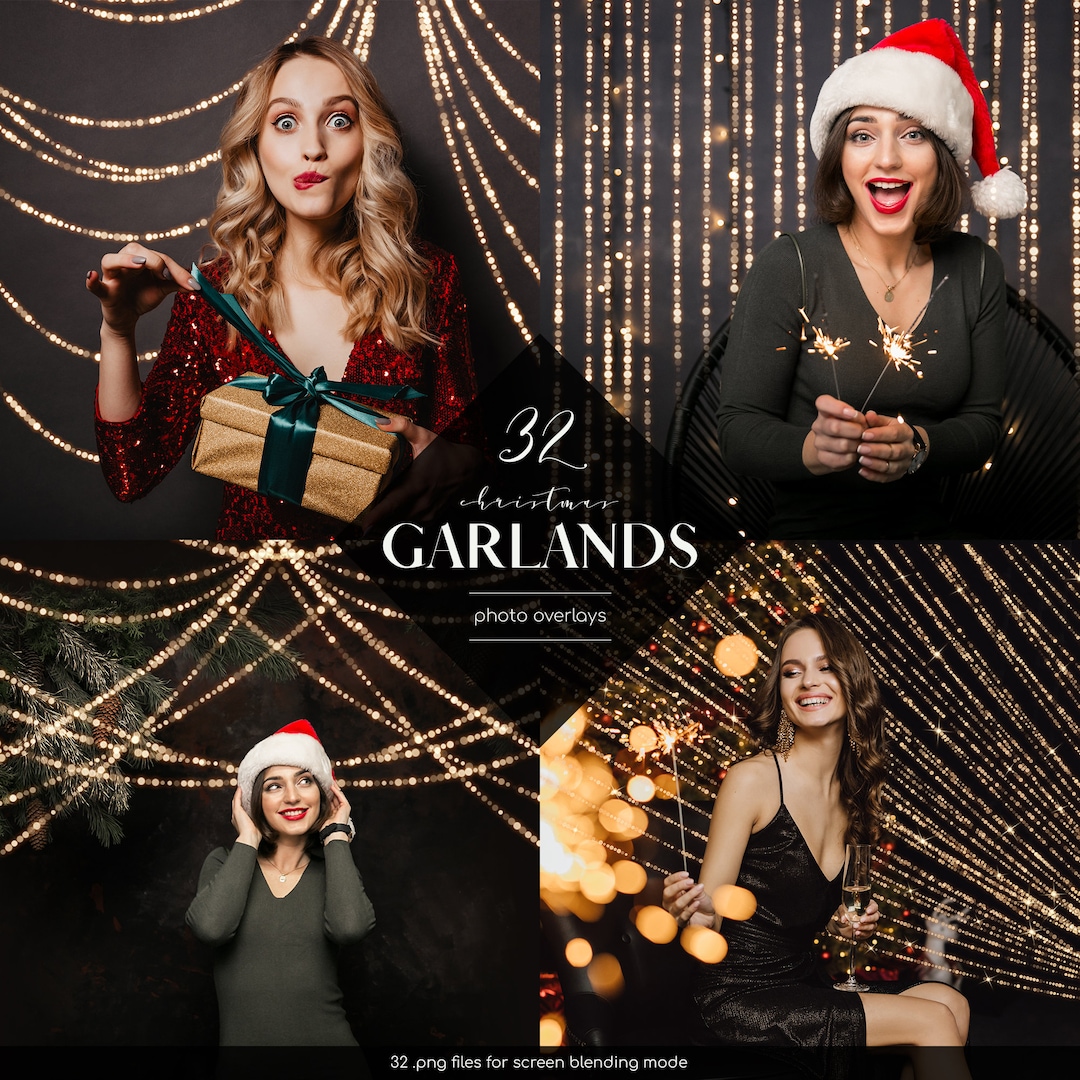 Gold Christmas Garlands Photo Overlays: 32 PNG Festive Clipart (digital ...