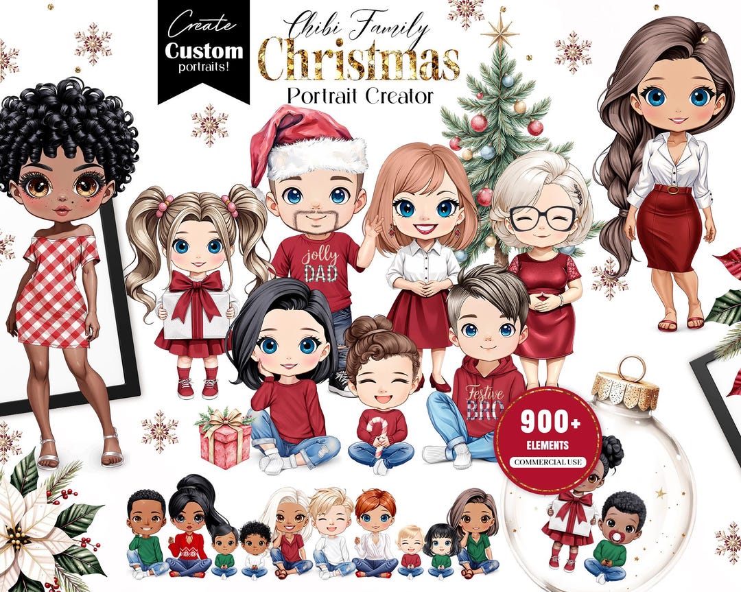 Chibi Family Christmas Clipart, Holiday Portrait Creator, Xmas PNG Set ...