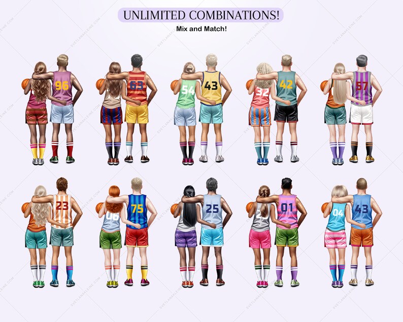 Basketball Couple Clipart, 996 Elements, 5 Skin Colors, Custom Clipart ...