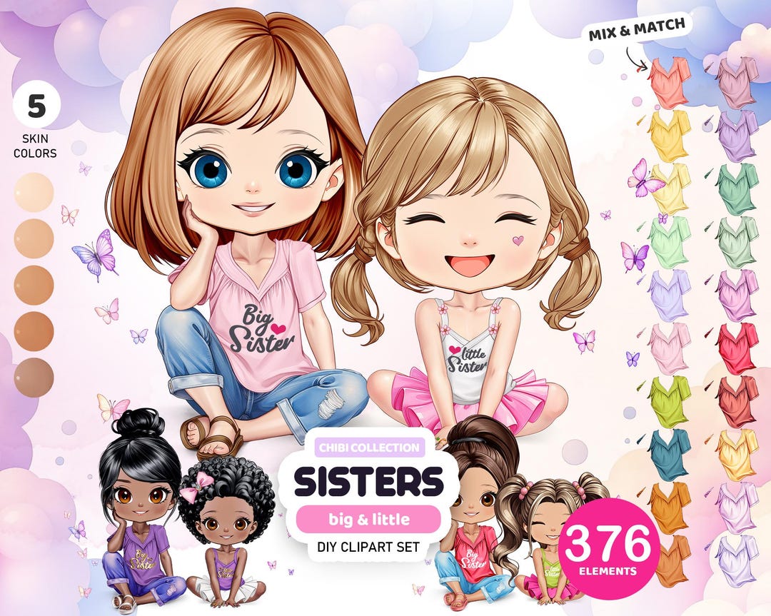 Chibi Sisters Clipart, Big Sister Little Sister Clipart, Sister Gift ...