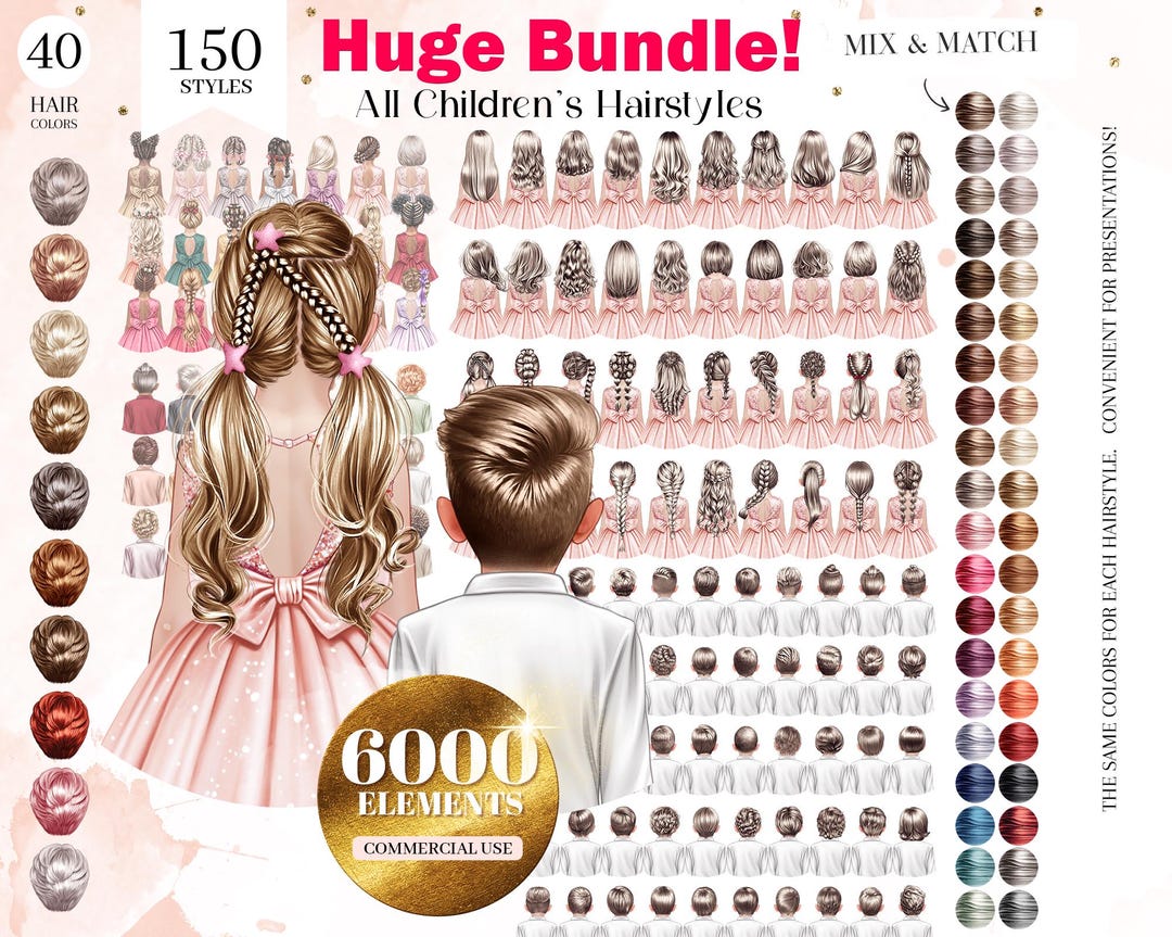 Children's Hairstyles Clipart Bundle, 6000 PNG Elements, 150 Styles ...