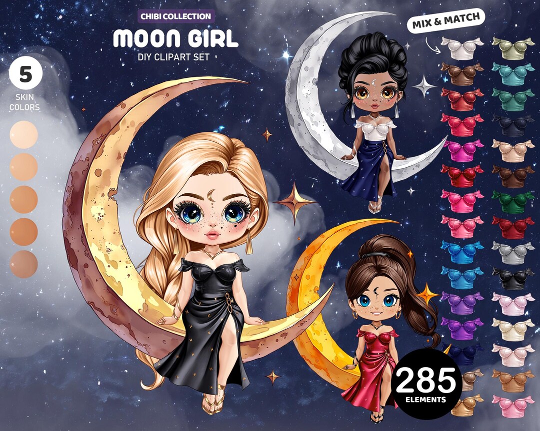 Chibi Moon Girl Clipart, Celestial Portrait Creator, Magical Clipart ...