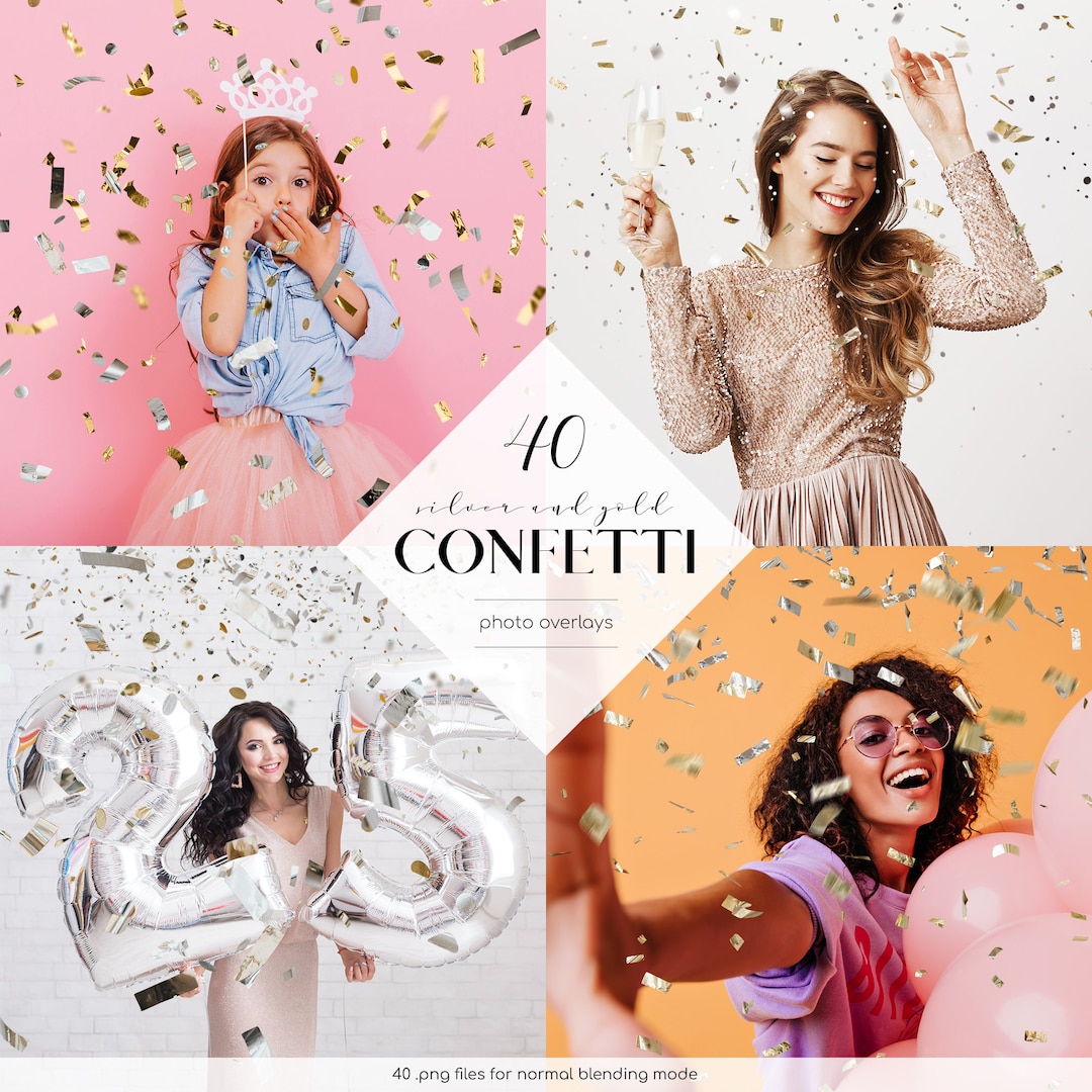 Realistic Confetti Overlays, Silver and Gold, 40 PNG Files, Confetti ...