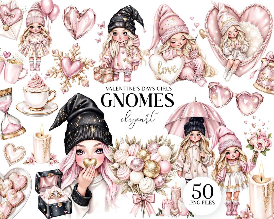 Gnome Girls Clipart, Pink and Black Valentine's Day Illustrations, Cute ...