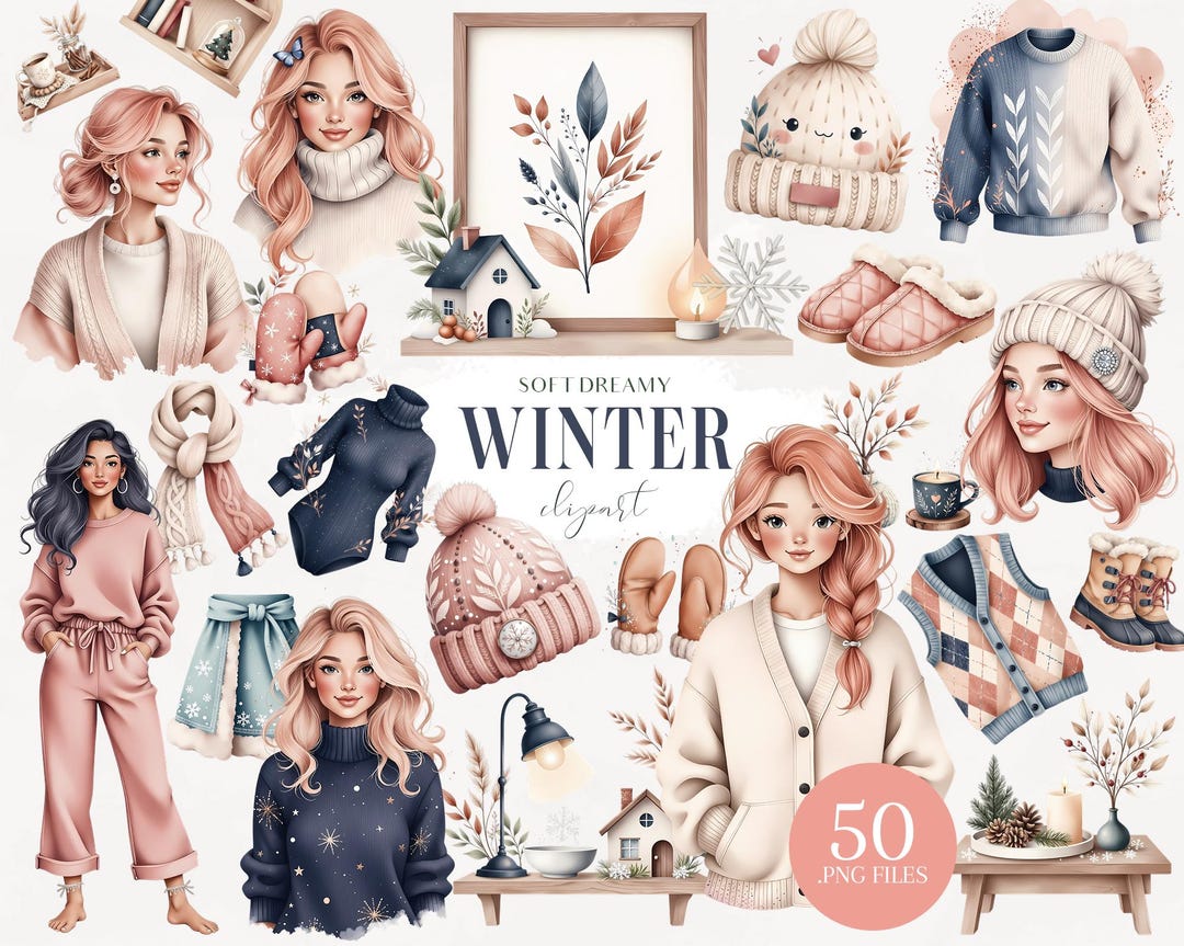 Soft Dreamy Winter Clipart • Cozy Girls, Warm Clothing & Hygge Decor ...