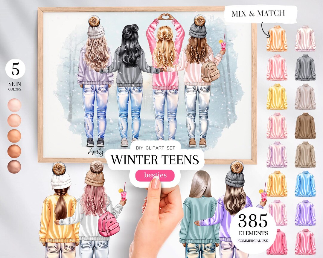 Winter Teens Clipart, Cozy Girls Clipart, Warm Clothes Clipart, Custom ...
