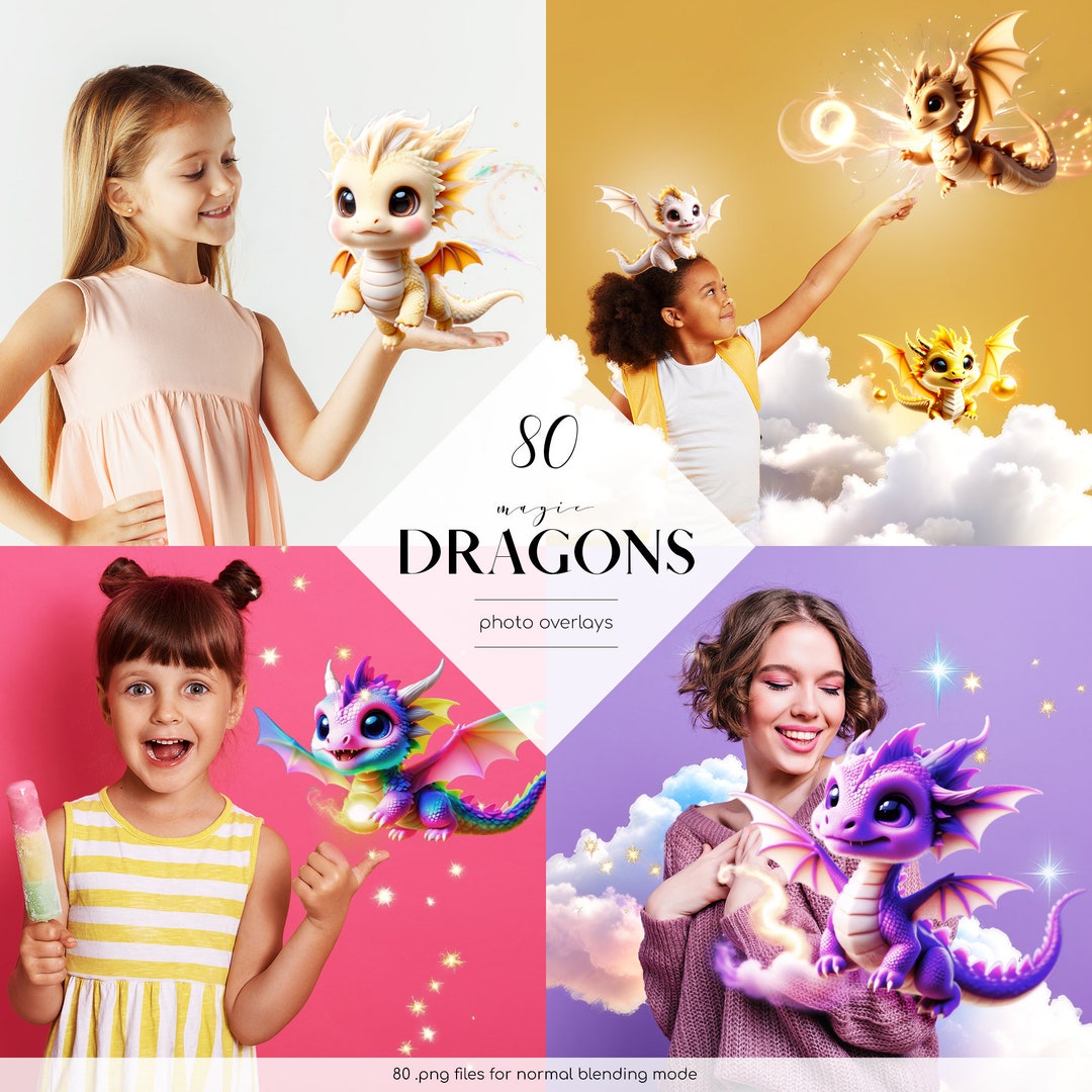 Magic Dragon Photo Overlays, 80 PNG Files, Adorable Dragon Overlay ...