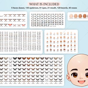 Men Face Creator Clipart, Chibi Boy Portrait Creator, Beard, Lips, Eyes ...