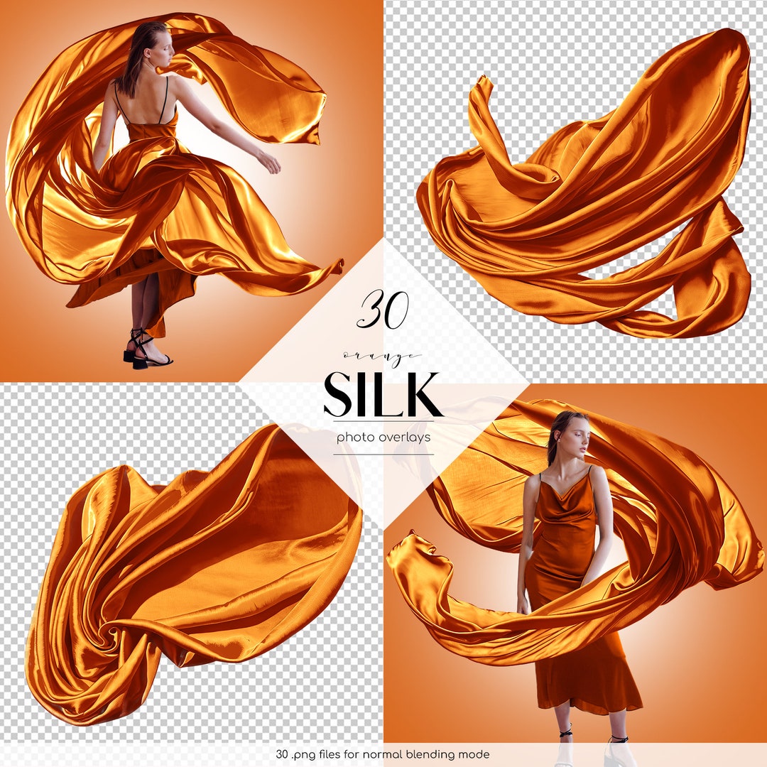 Flowing Orange Fabric Clipart, Orange Silk Photo Overlays, Textile in ...