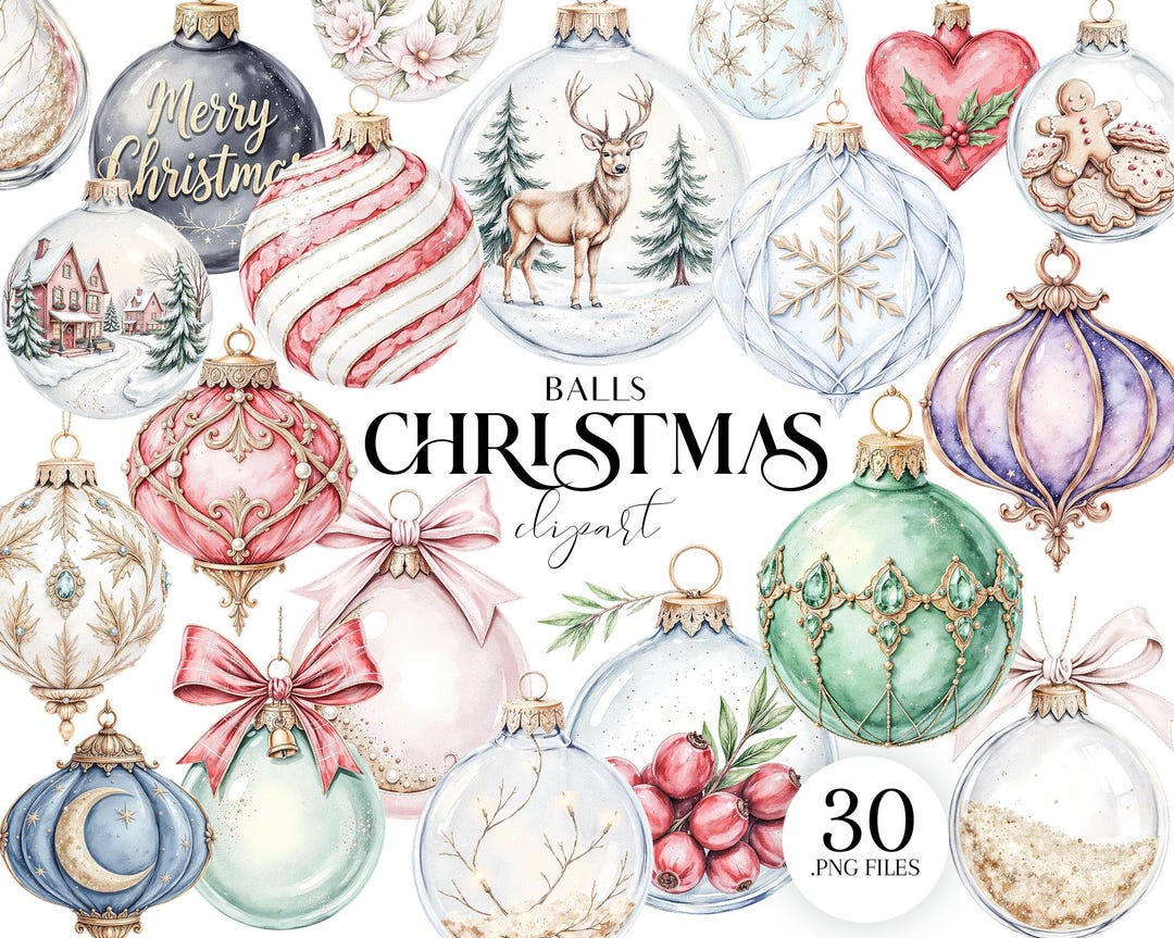 Christmas Balls Clipart, 30 PNG Holiday Ornaments Illustrations, Xmas ...
