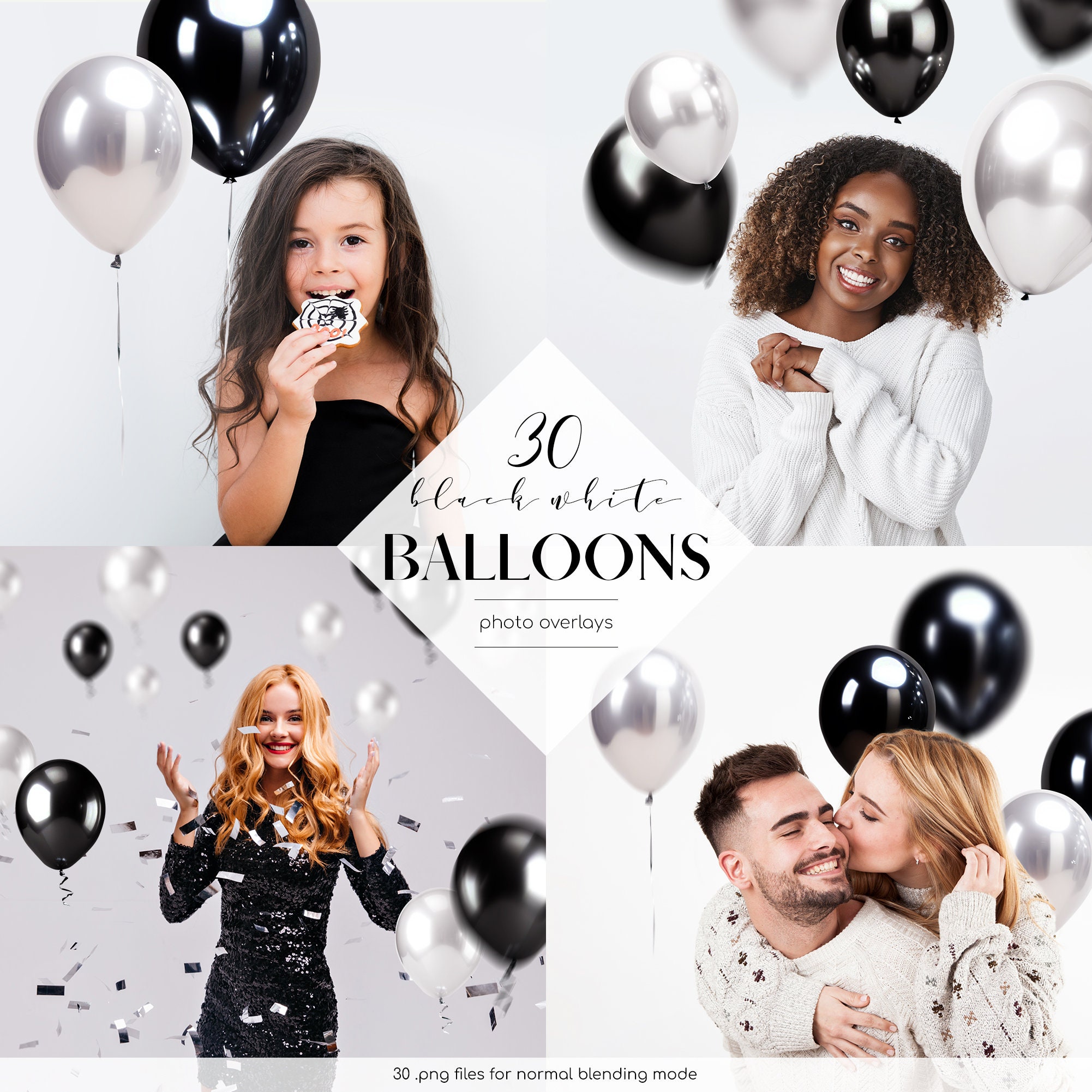 Black and White Balloons Photo Overlays: Metallic Clip Art (30 PNG ...