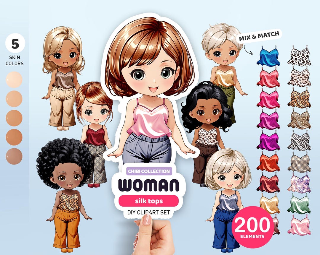Chibi Girl Clipart: Woman in Silk Tops Creator (digital Download) - Etsy