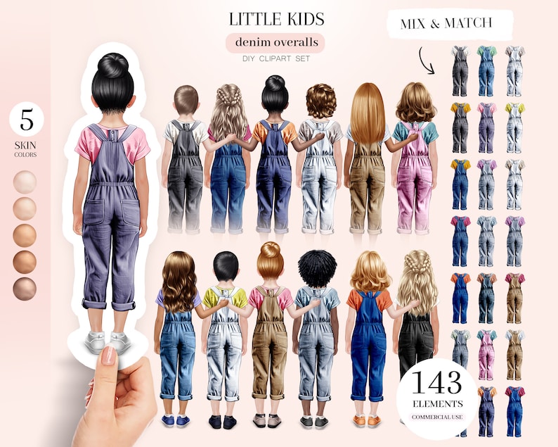Denim Overalls Kids Clipart: Girl Portrait Creator (PNG Digital ...