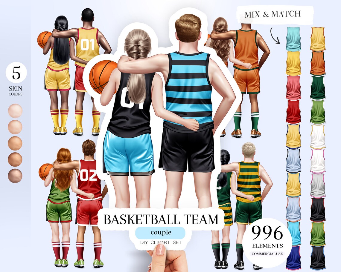 Basketball Couple Clipart, 996 Elements, 5 Skin Colors, Custom Clipart ...