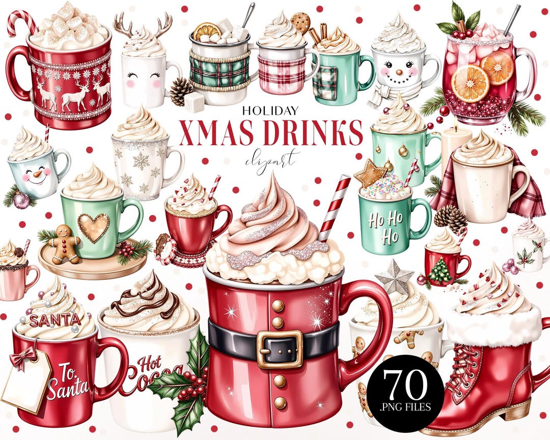 Christmas Drinks Clipart Set, Holiday Hot Cocoa PNG, Festive Mug ...