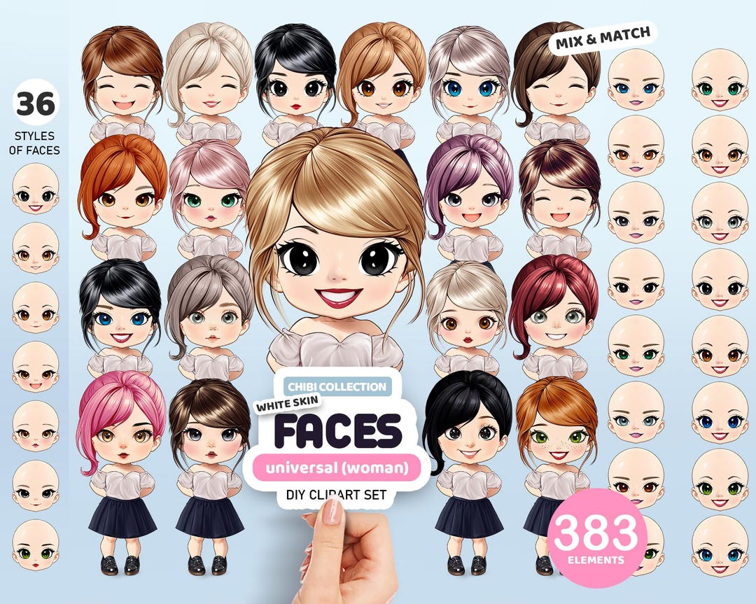 White Female Faces Clipart, Chibi Heads PNG, Custom Doll Creator, Anime ...