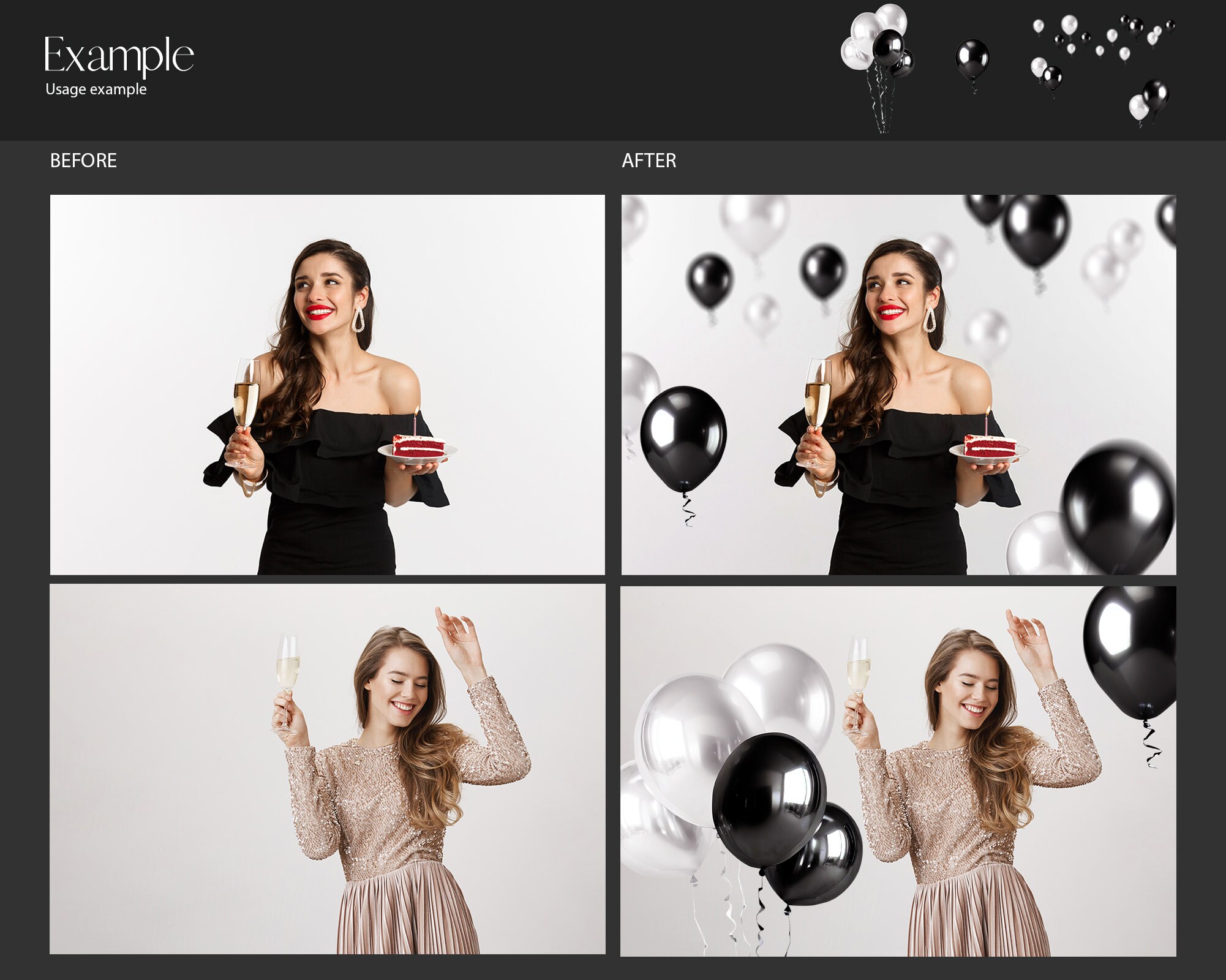 Black and White Balloons Photo Overlays: Metallic Clip Art (30 PNG ...