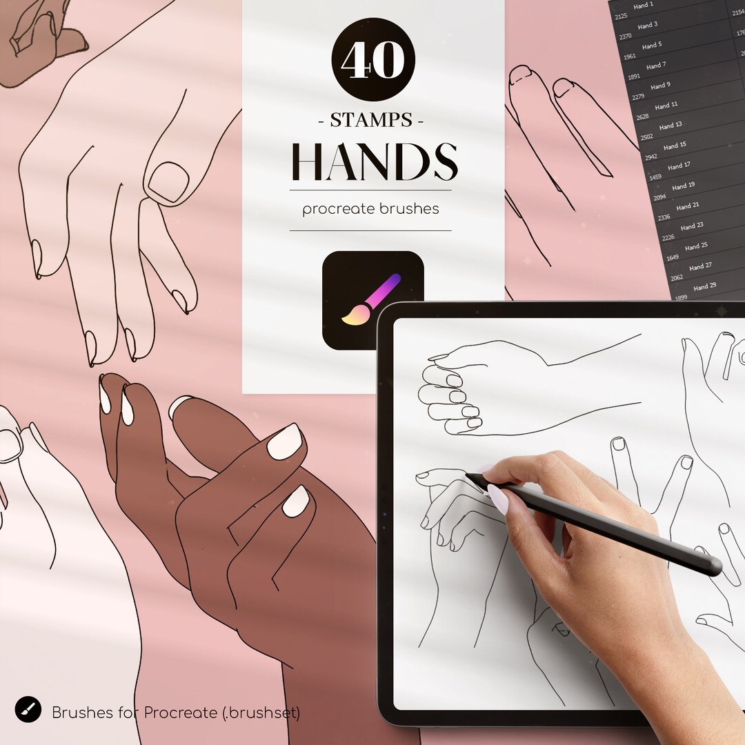 40 Hands Stamps Procreate Brushes, Line Art Hands .brushset, People Brushes Addon, Hand-draw ...