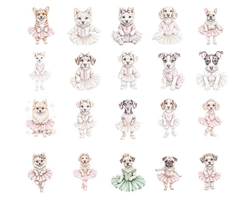 Ballerina Dogs Clipart, 20 PNG Cute Puppy Illustrations, Ballet ...