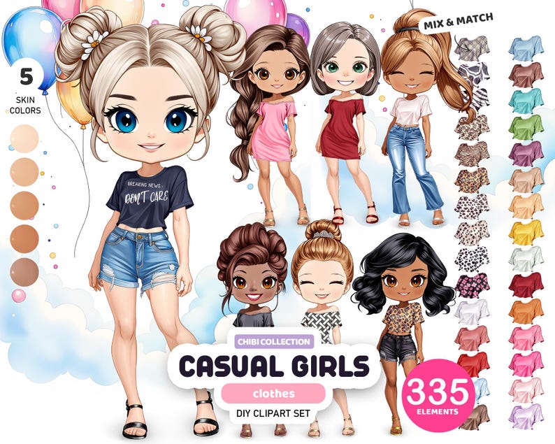 Chibi Girls Clipart: Casual Summer Outfits, Portrait Creator (digital ...