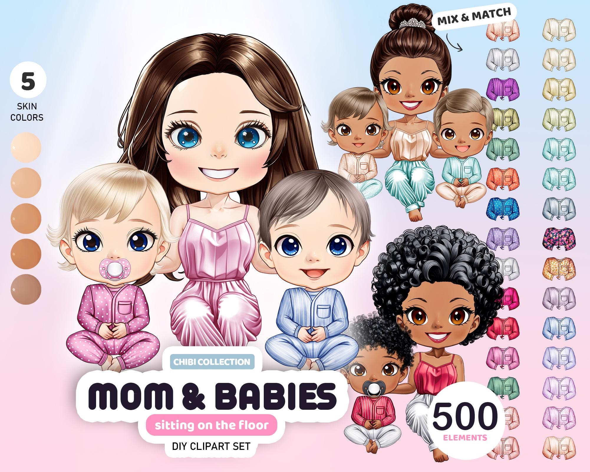 Chibi Mom and Babies Clipart: Custom Family Portrait Creator (PNG ...