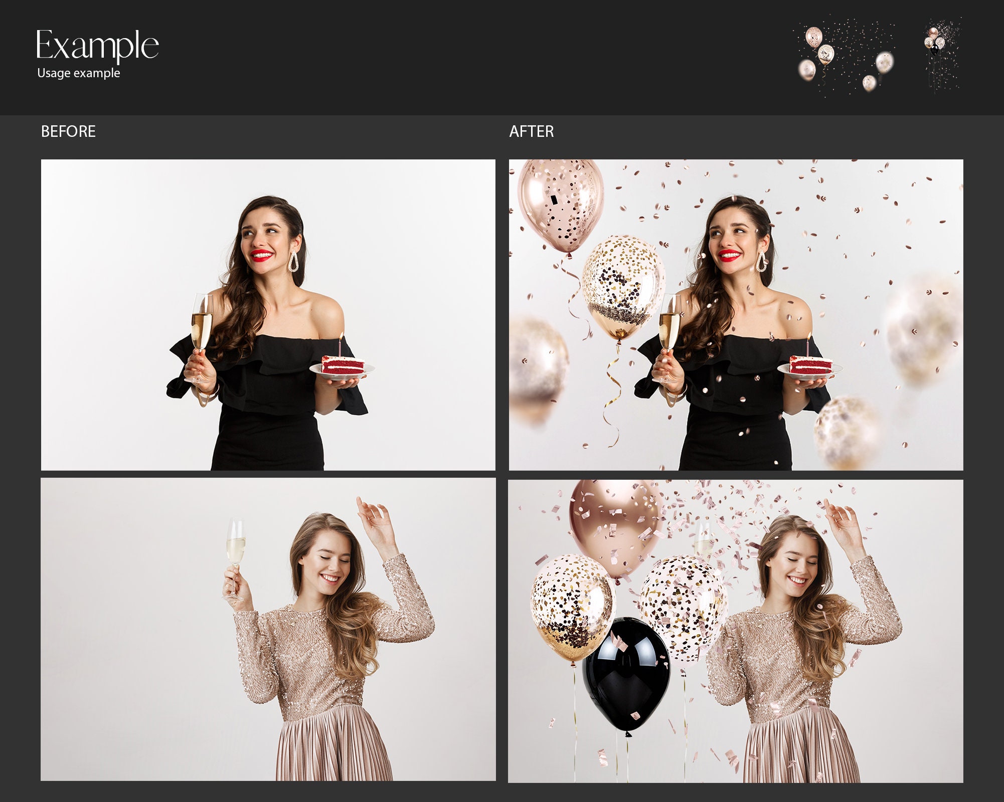 Rose Gold Balloons and Confetti Overlays, Birthday Overlays, 20 PNG ...