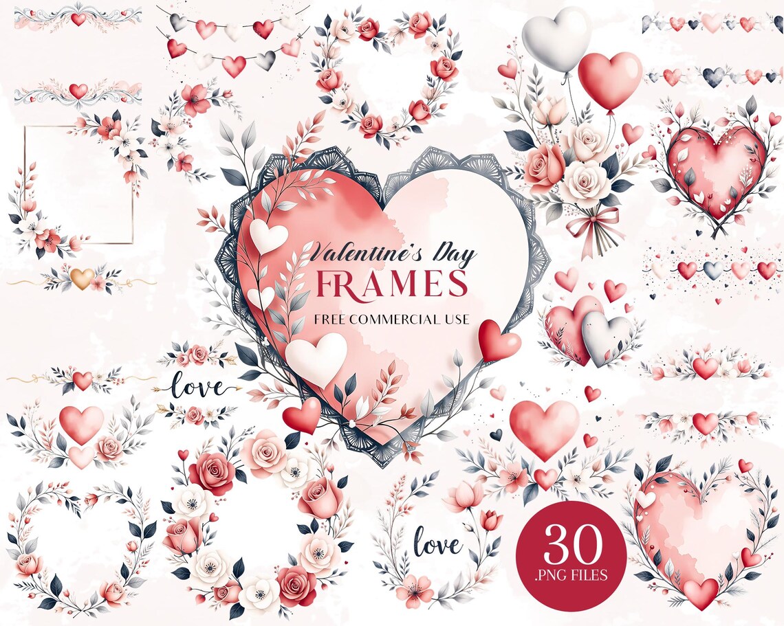 Valentines Day Frames Clipart, Floral Heart Wreaths PNG, Romantic ...