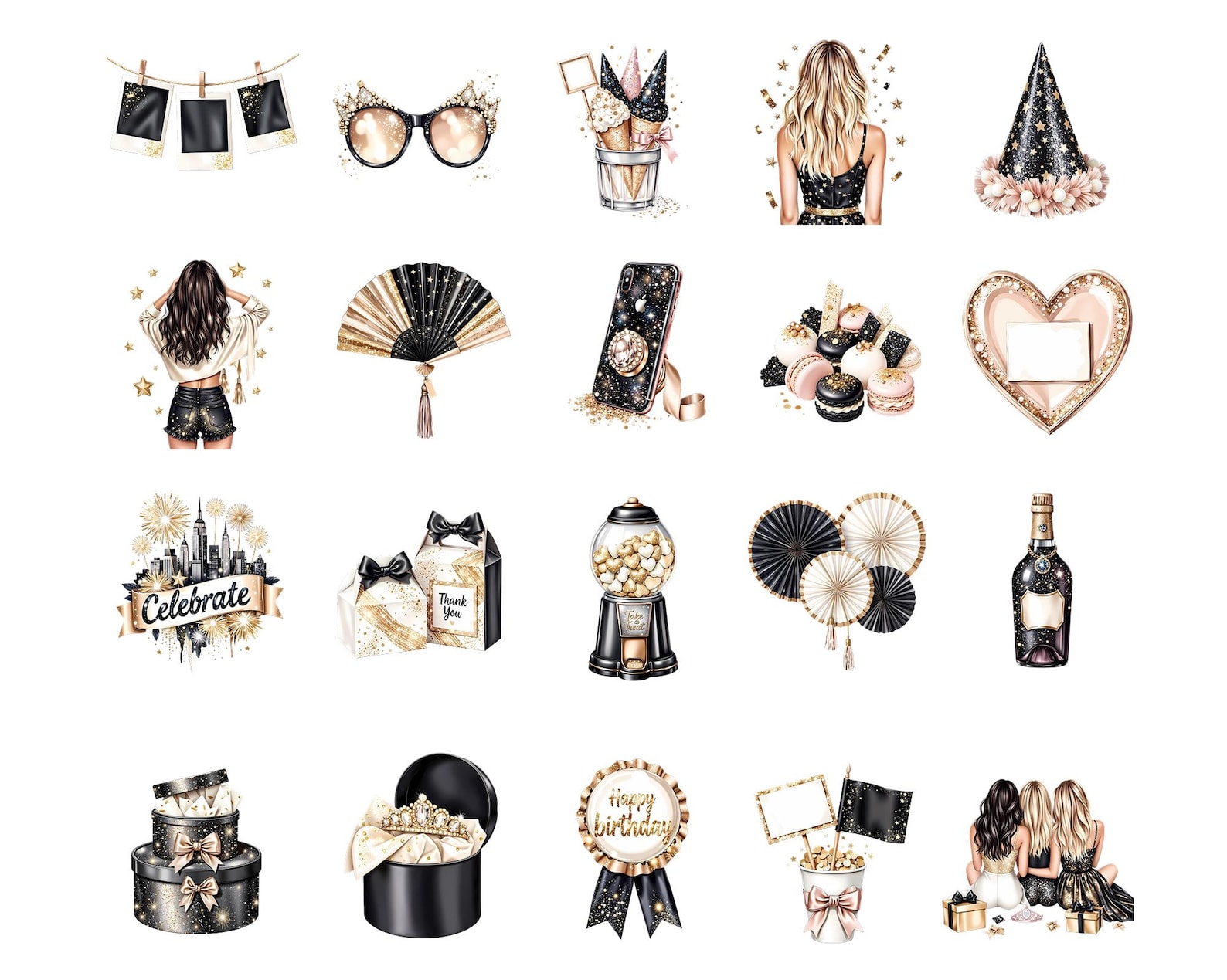 Black and Gold Birthday Clipart – Glam Party Girl Pngs, Luxury ...