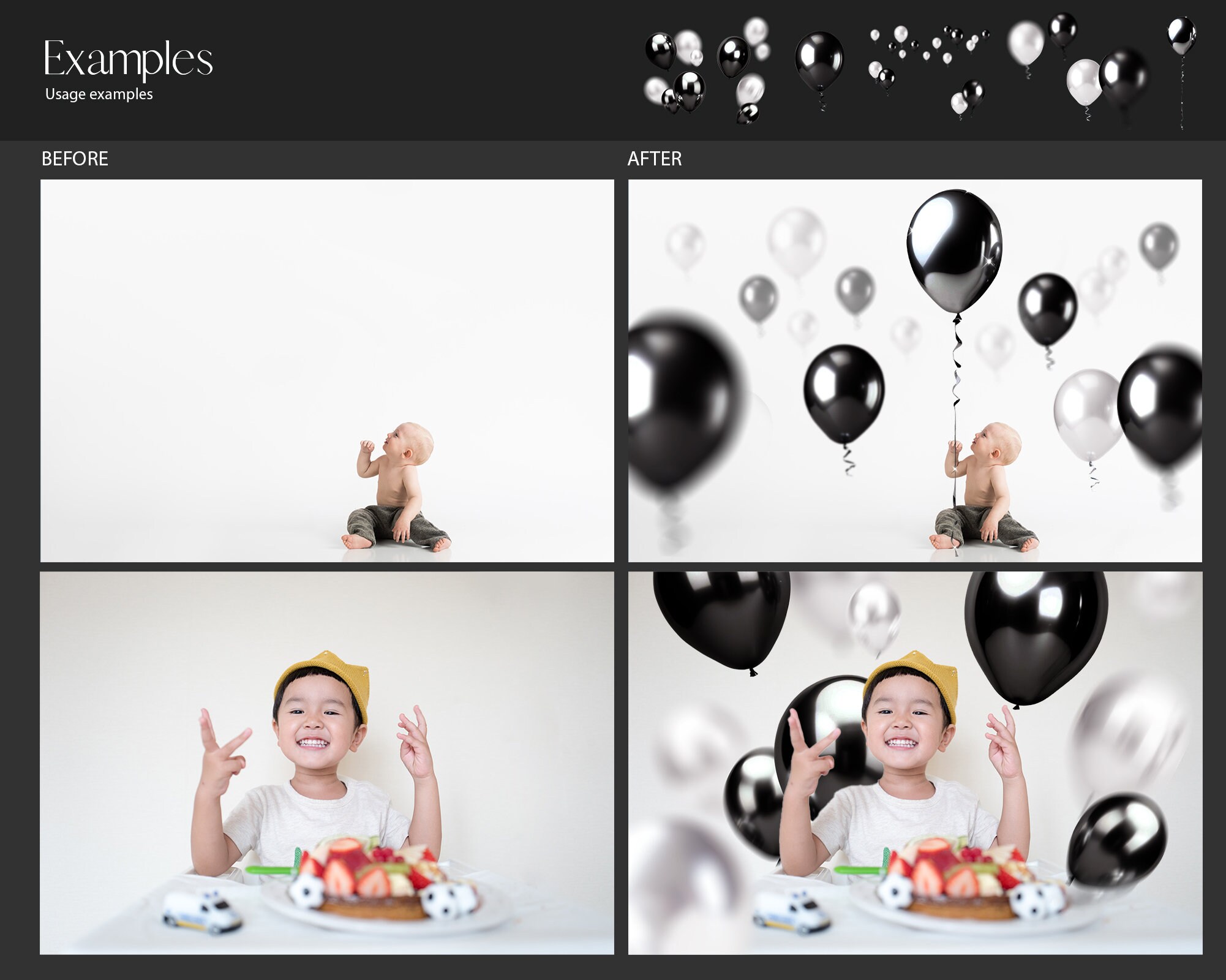 Black and White Balloons Photo Overlays: Metallic Clip Art (30 PNG ...