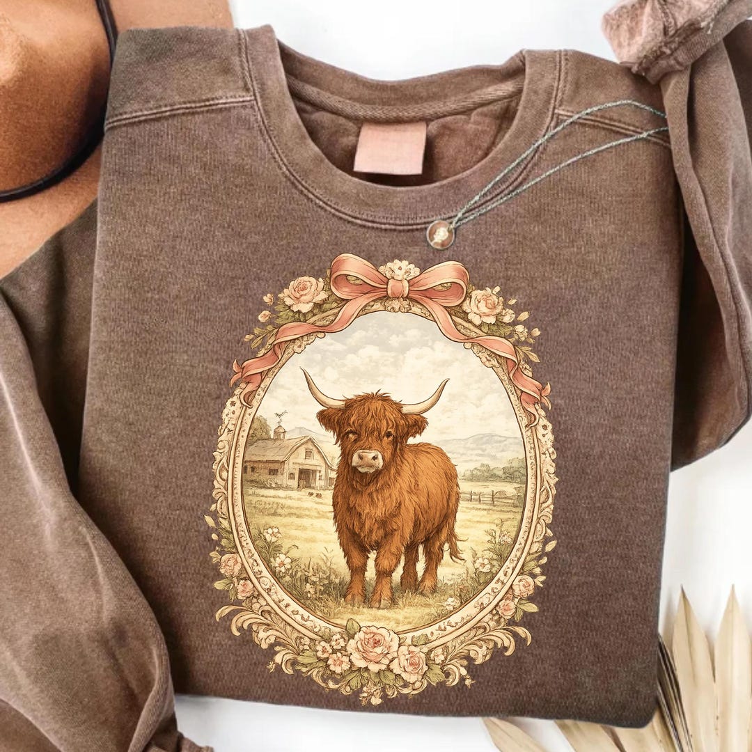 Vintage Farmhouse Highland Cow Png, Grandma Core Shirt Design, Coquette ...