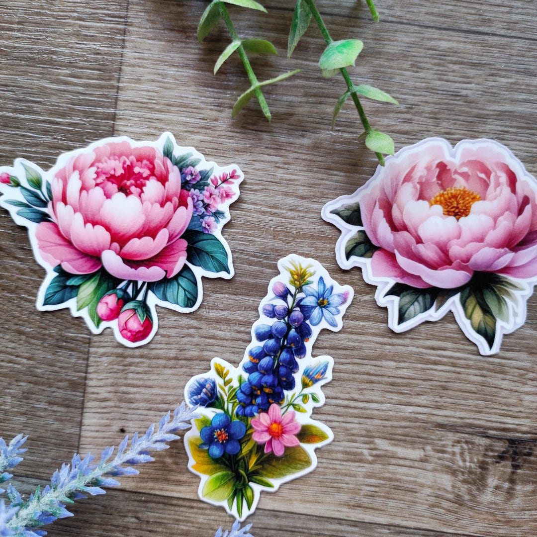 Watercolor Floral Sticker Set: Peonies & Wildflowers, Waterproof Vinyl ...