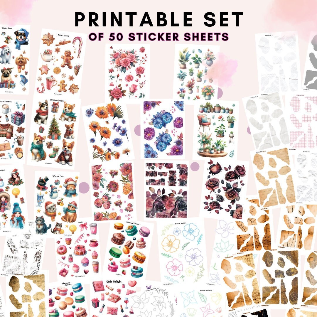 PRINTABLE OF 50 Sticker Sheets, Watercolor Flower Sticker, Digital Wild ...