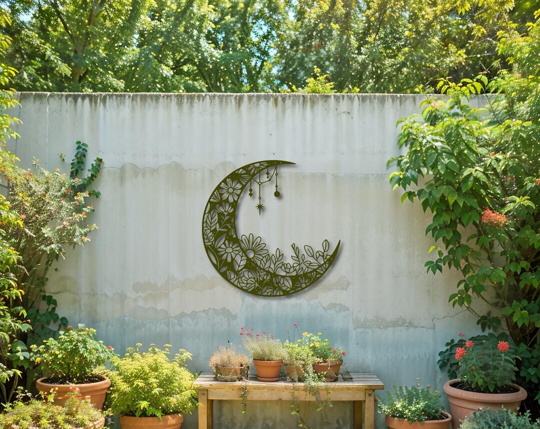 Detailed Floral Crescent Moon Metal Art - Customizable Boho Wall Decor ...