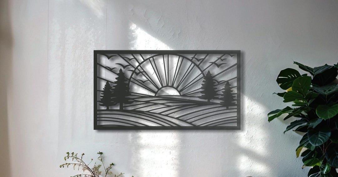 Rustic Sunrise Metal Wall Art, Sunrise and Birds - Minimalist Black ...