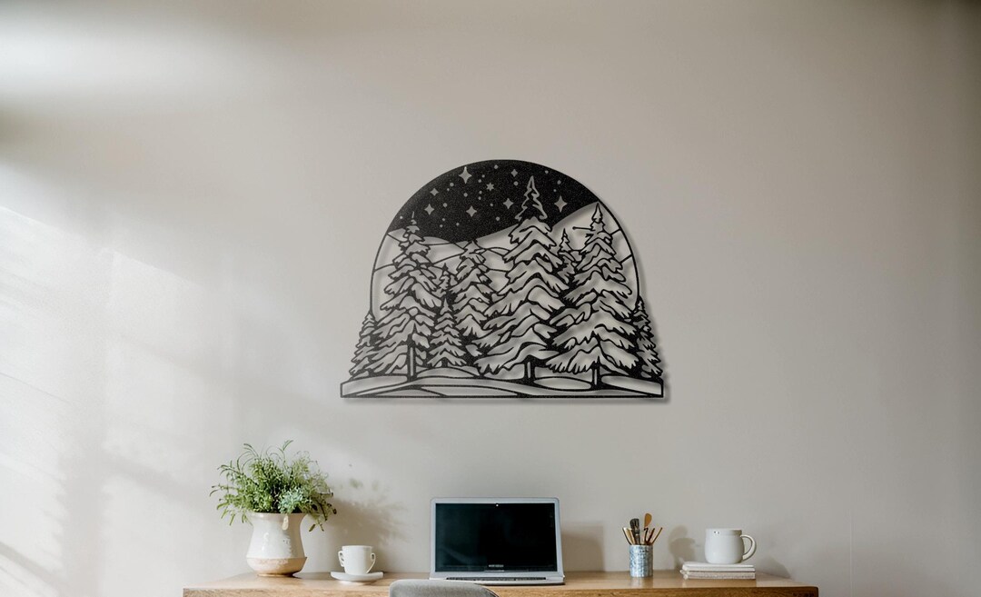 Winter Forest and Starry Night Metal Wall Art- Rustic Woodland Scene ...