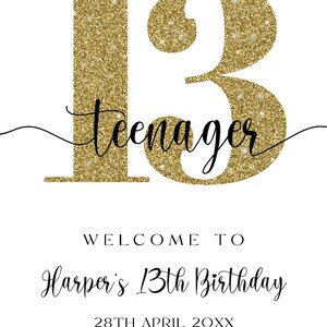 Gold Glitter 13th Birthday Welcome Sign: Teen Party Decor, A1 Size - Etsy