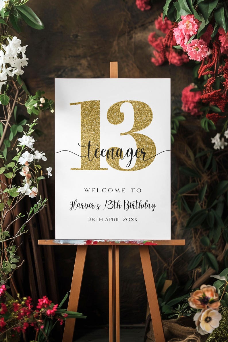 Gold Glitter 13th Birthday Welcome Sign: Teen Party Decor, Custom Name ...