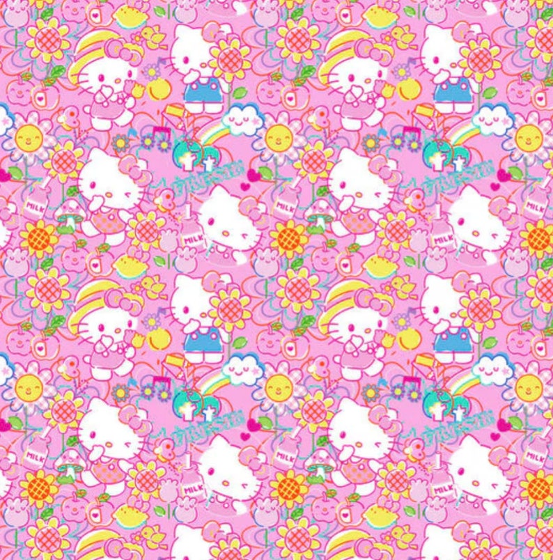 Hello Kitty Garden Doodle on Pink Cotton Fabric, Quilting Fabric ...